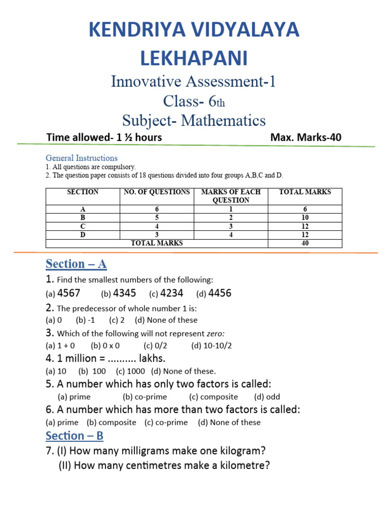 6th Class Paper | PDF | Discrete Mathematics | Elementary Mathematics