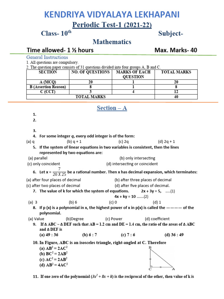 10th Maths PT-1 2021-22 | PDF | Equations | Polynomial
