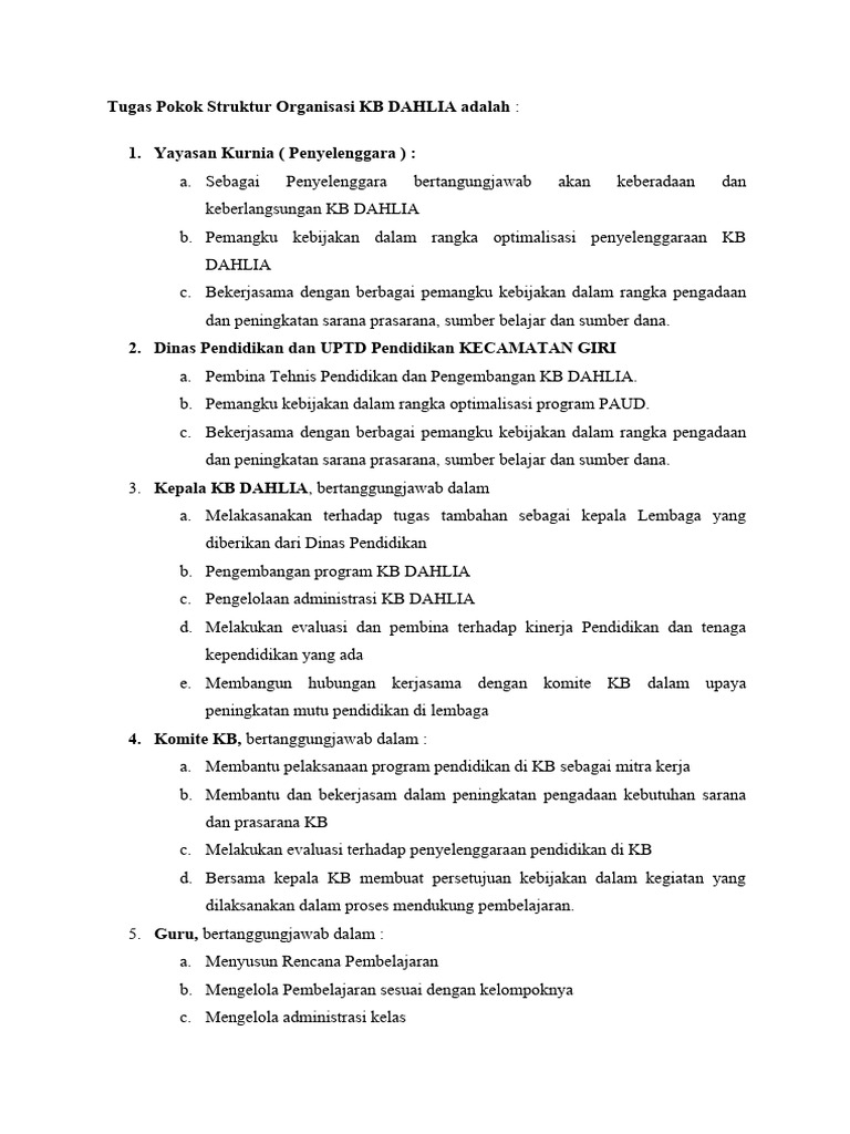 Tugas Pokok Struktur Organisasi KB DAHLIA | PDF