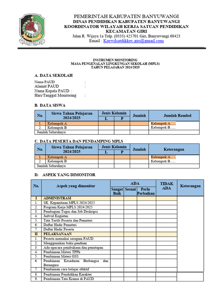 Instrumen Monitoring Kegiatan Mpls | PDF