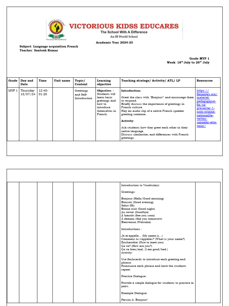 MYP 1 - Lesson Plan - Foundation Course | PDF | Grammatical Conjugation ...