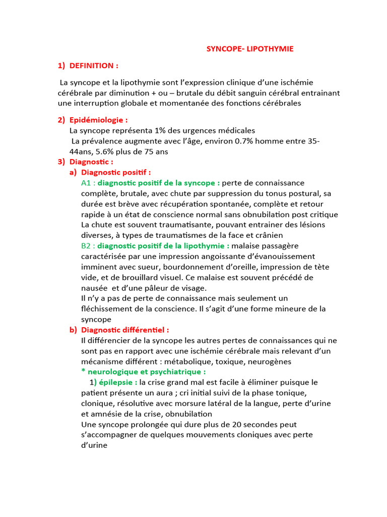Syncope et Lipothymie : Diagnostic et Étiologie | PDF | Épilepsie ...