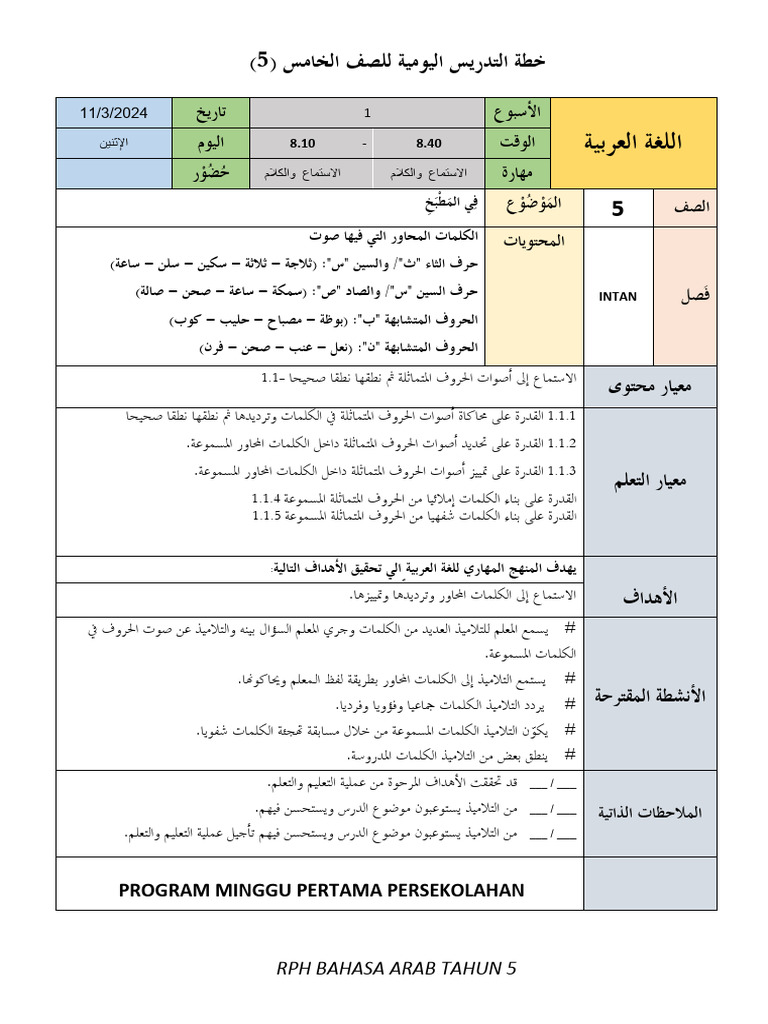 RPH Ba T5 Minggu 1 | PDF