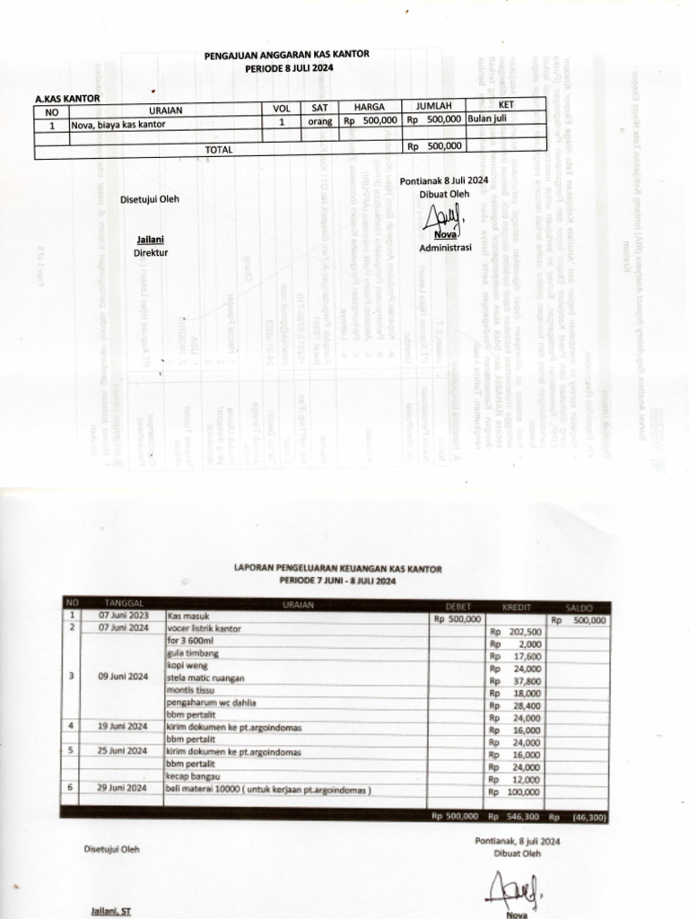 Pengajuan Kas Bulan Juli Dan Pengeluaran Kas Kantor Bulan Juni 2024 | PDF