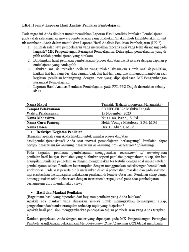 LK Laporan Hasil Analisis Penilaian Pembelajaran | PDF