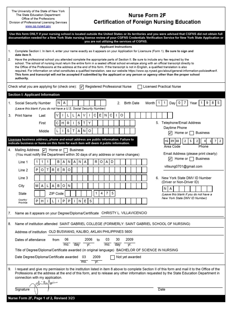 Nurse 2F Form Villavicencio | PDF | Nursing