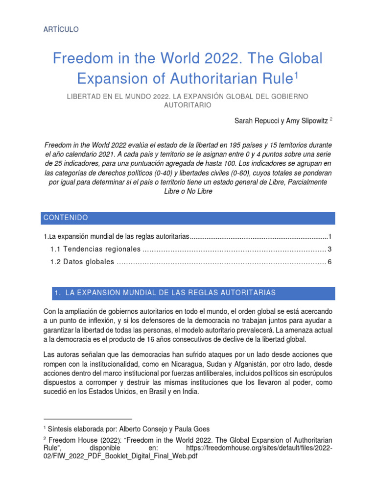Ficha - Freedom in The World 2022 | PDF | Democracia | Ideologías políticas