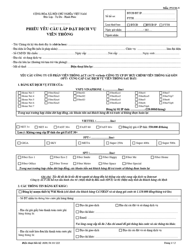 Pyc01-V - Pyc Lap Dat Dich Vu Vien Thong - 7.12.2023 | PDF