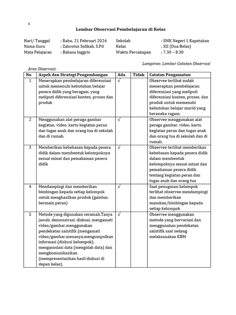 2 - Lembar Observasi Pembelajaran Di Kelas | PDF