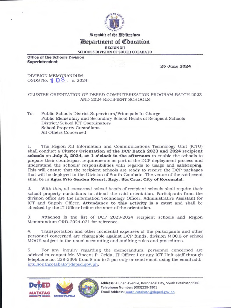 DM Osds No. 108 S. 2024 Cluster Orientation of Deped Computerization Program Batch 2023 and 2024 ...