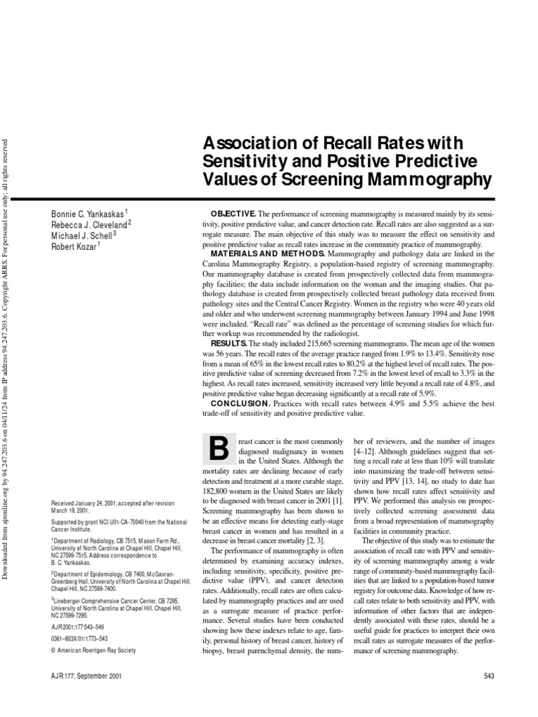 Yankaskas Et Al 2012 Association of Recall Rates With Sensitivity and ...