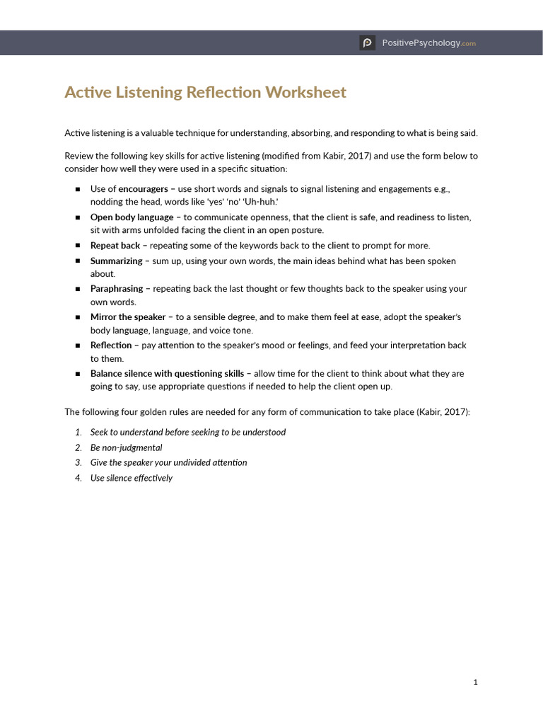 Active-Listening-Reflection-Worksheet | Download Free PDF | Body ...