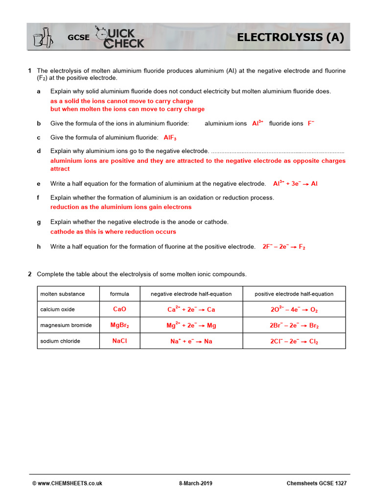 Chemsheets GCSE 1327 QC Electrolysis A ANS | PDF | Redox | Ion