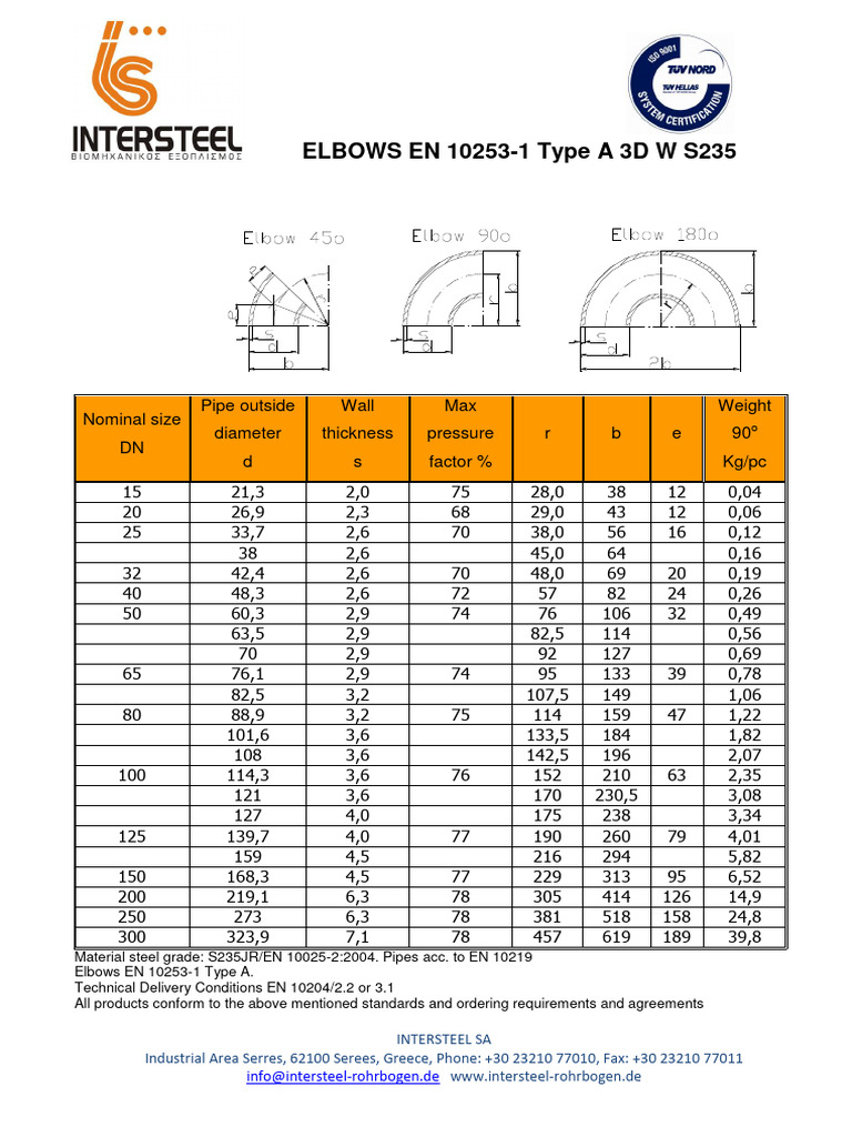 EN 10253-1 Type A Elbows Specifications | PDF | Pipe (Fluid Conveyance ...