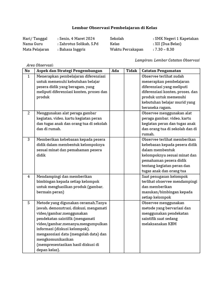 2 - Lembar Observasi Pembelajaran Di Kelas | PDF | Karier & Perkembangan