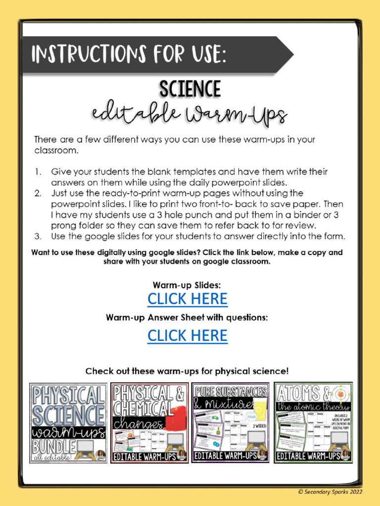 Science Printable Warm Ups | PDF