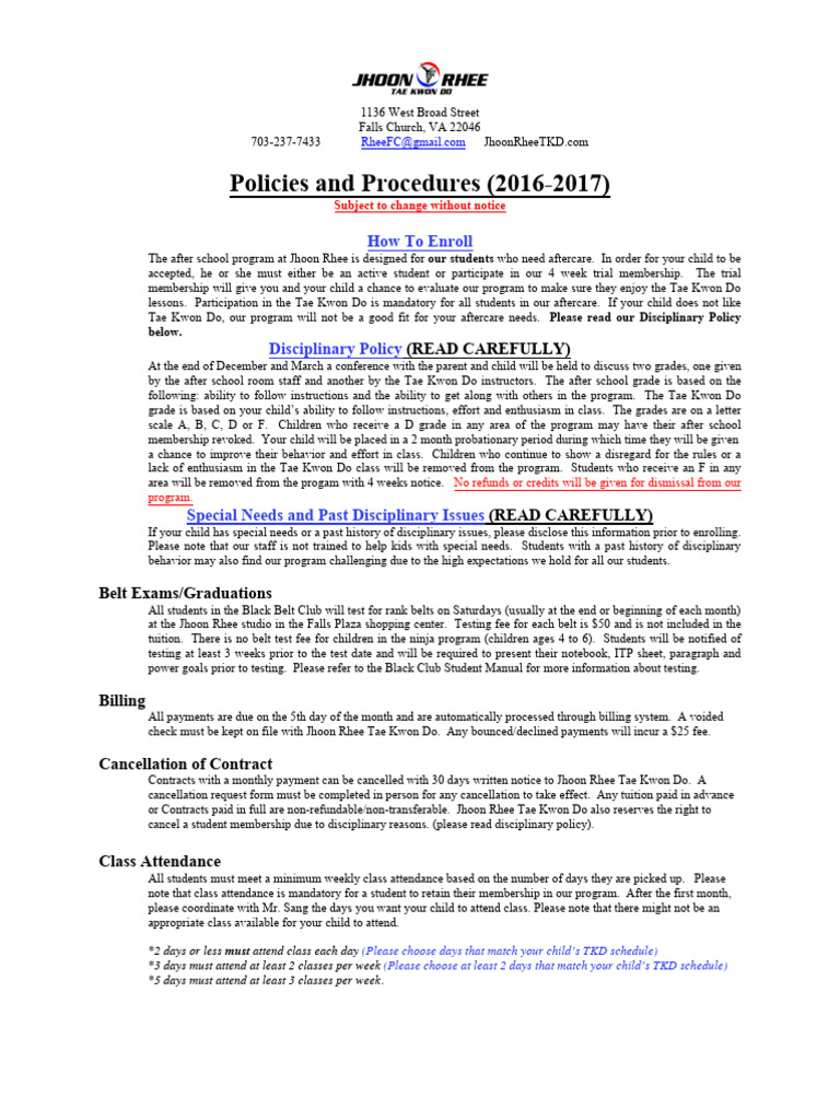 JRI After School Policies | PDF | Taekwondo