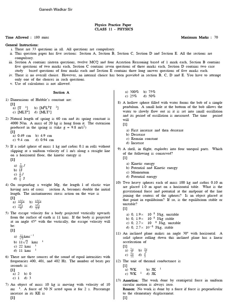 Physics Sample Paper 2.0 | PDF | Force | Potential Energy