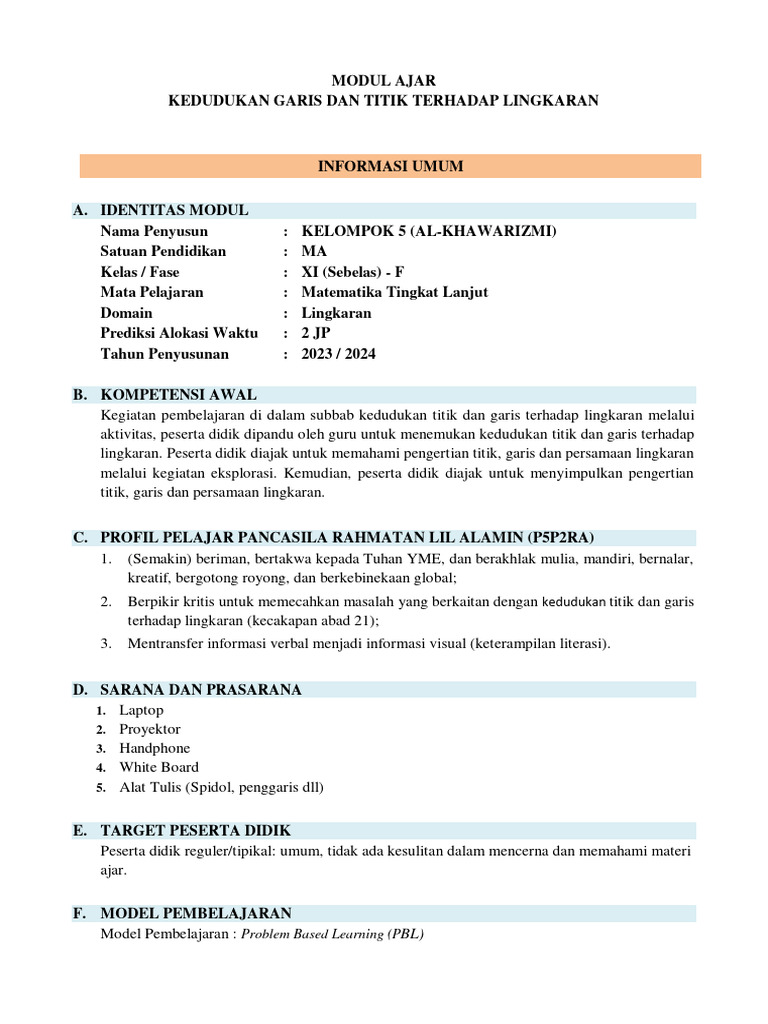 Modul Kel.5 Kedudukan Titik Dan Garis THDP Lingkaran | PDF
