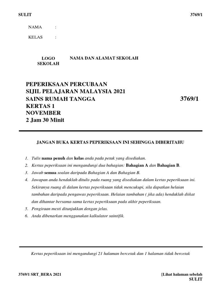 SET PERCUBAAN SPM BERA - SRT 2021 - PDF | PDF
