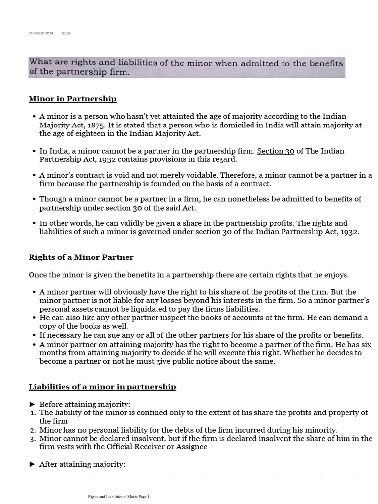 Rights and Liabilities of Minor Partners | PDF | Partnership | Common Law