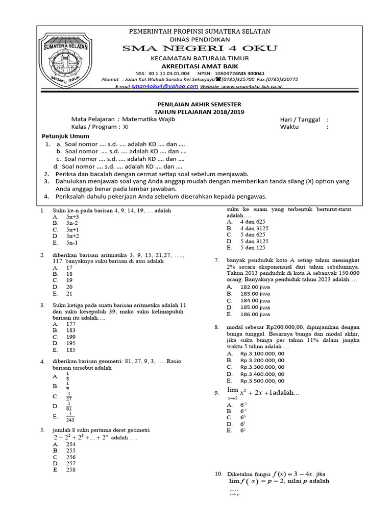 Soal Pat Matematika Wajib Kelas Xi | PDF