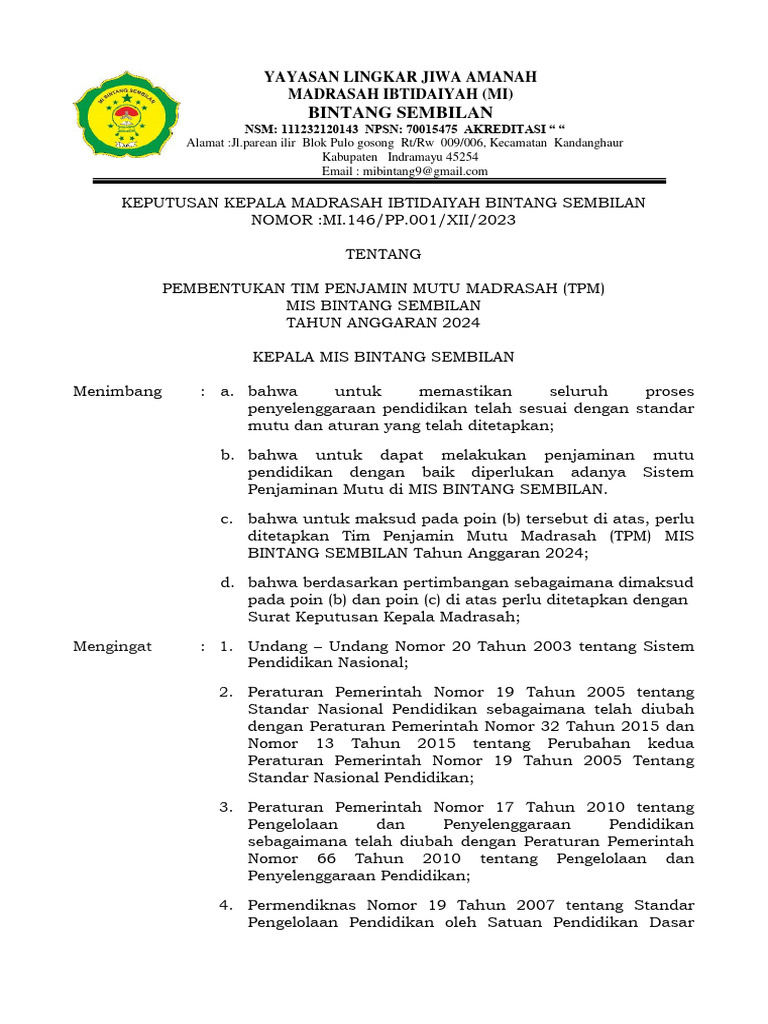 075 - SK Tim Penjamin Mutu Madrasah (TPM) 2023 | PDF