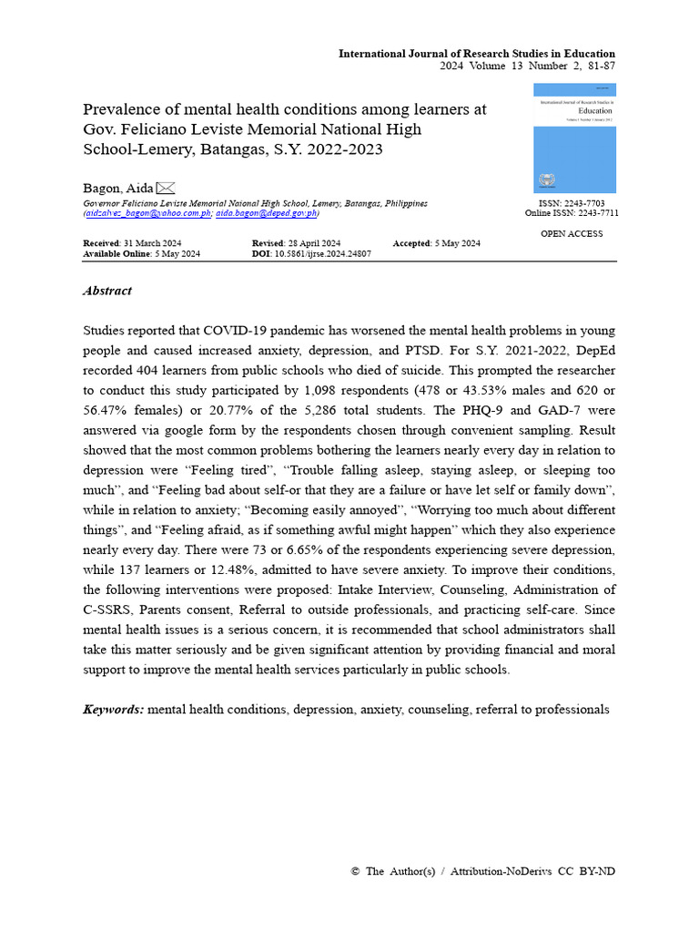 Prevalence On Mental Health Conditions Among Learners at GFLMNHS | PDF ...
