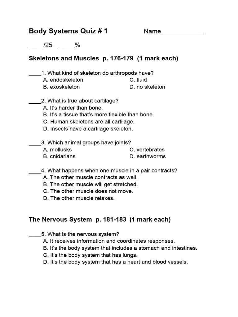 Body Systems Quiz # 1 | PDF | Skeleton | Zoology