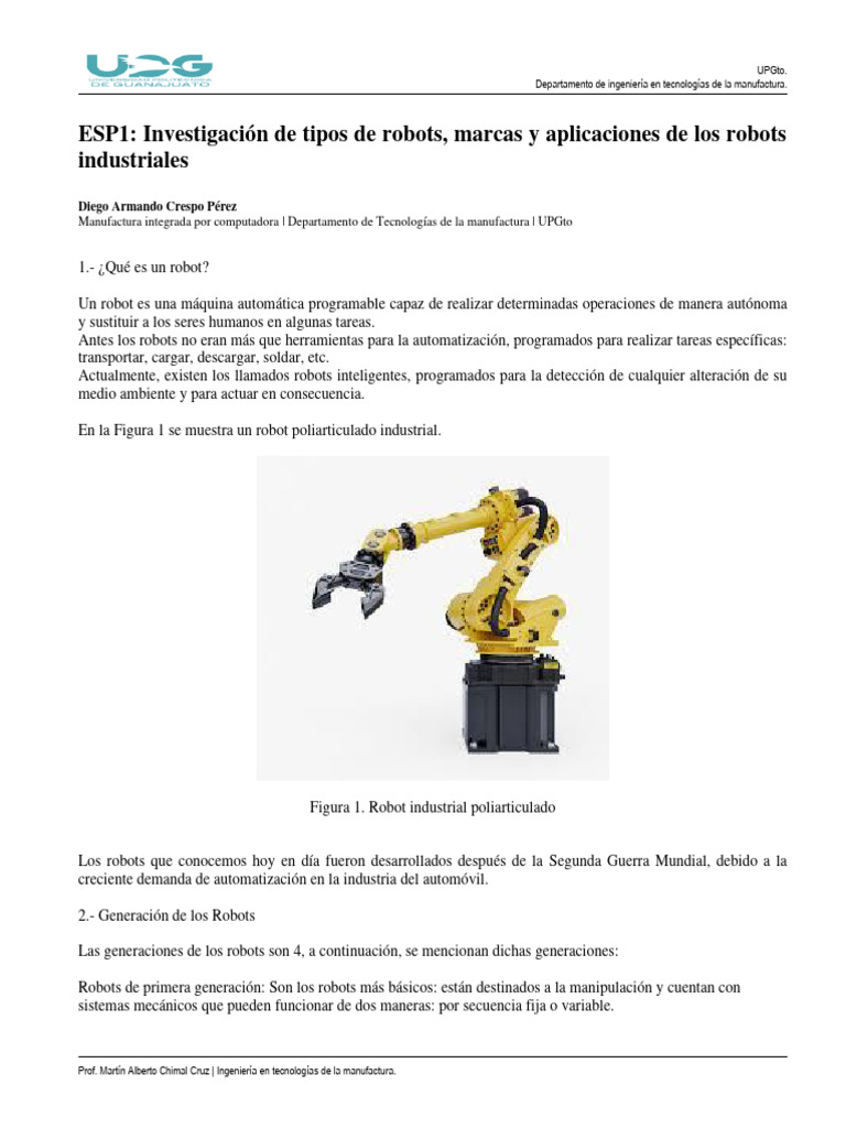 ESP1 Investigación de Tipos de Robots, Marcas y Aplicaciones de Los Robots Industriales. | PDF ...