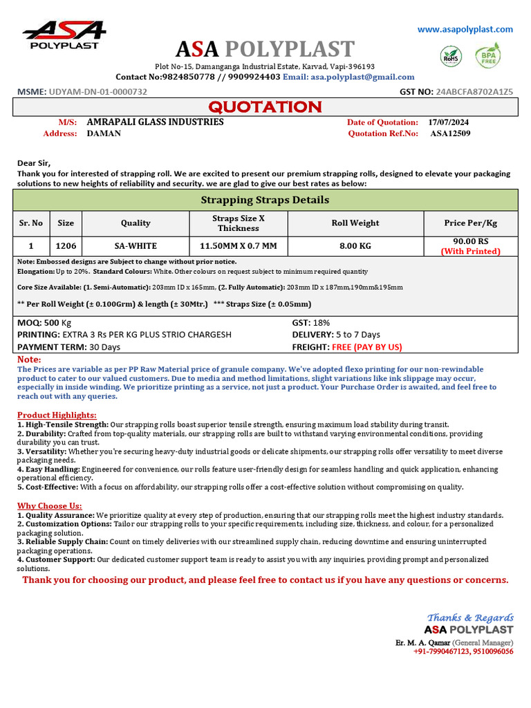 Updated Quotation AMRAPALI GLASS INDUSTRIES | PDF