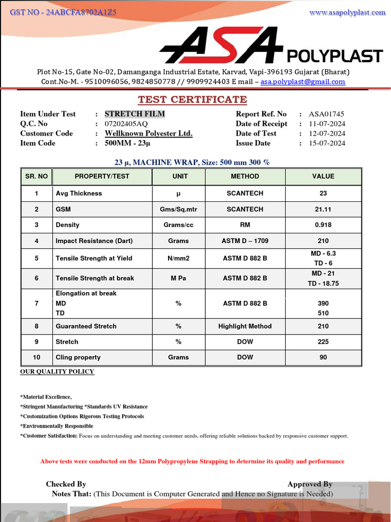 ASA-STRETCH FILM-QC-Test Certificate | PDF | Materials Science ...