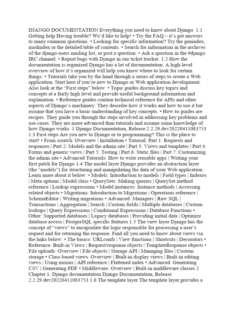 DJANGO DOCUMENTATION Everything You Need To Know About Django | PDF