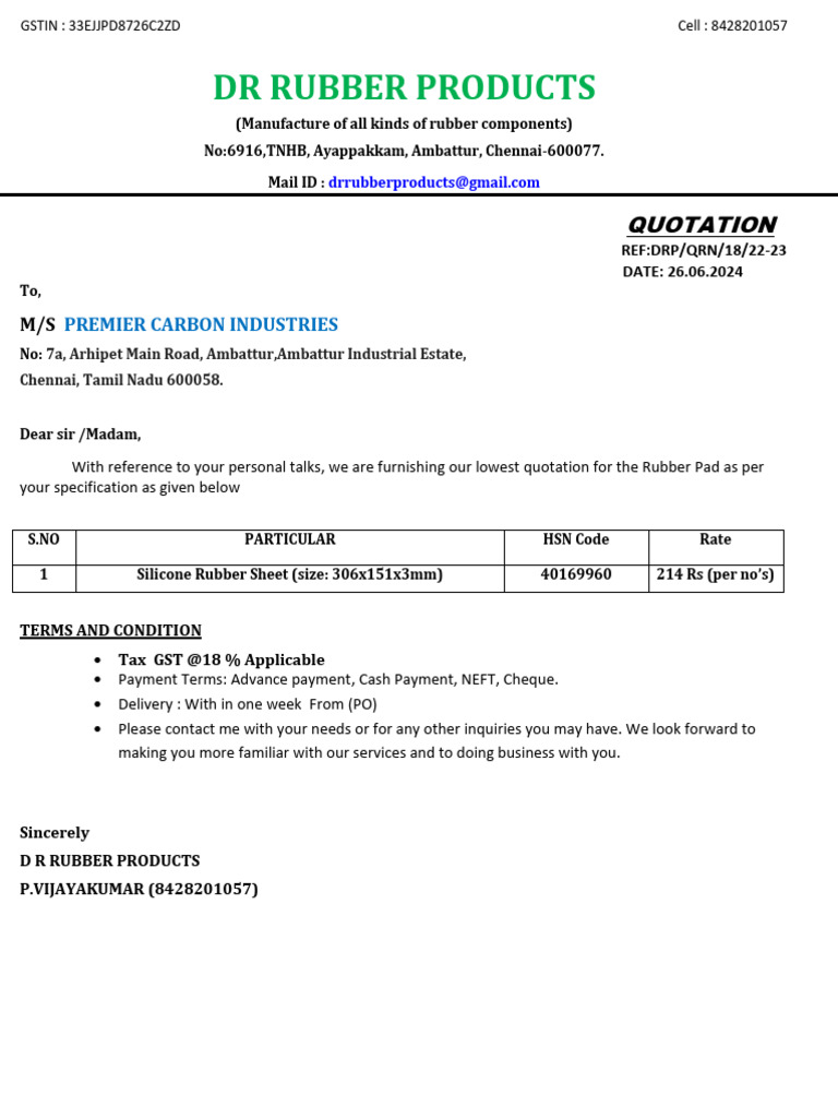 Rubber Pad Quotation from DR Rubber Products | PDF