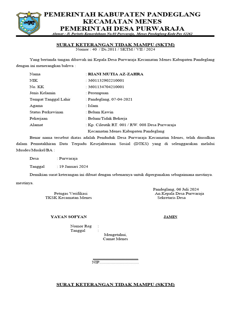 SURAT KETERANGAN TIDAK MAMPU (SKTM) Desa NON DTKS | PDF