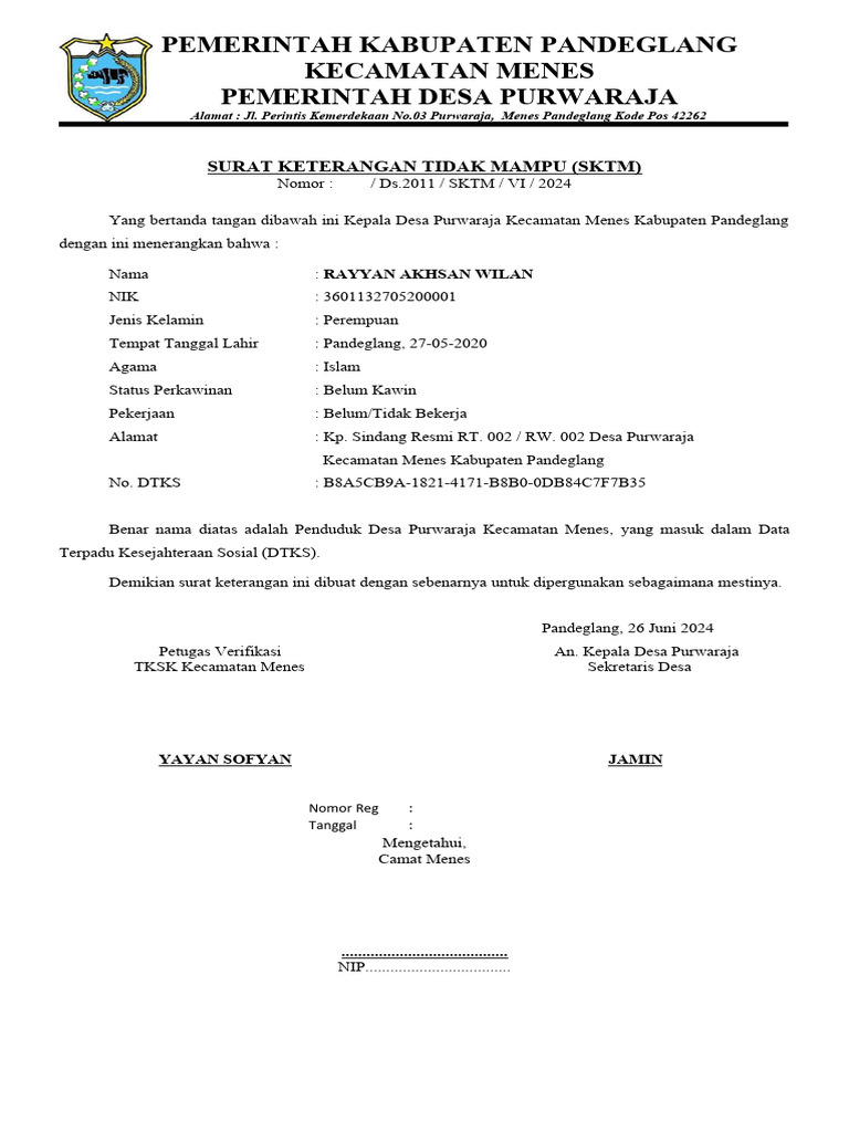 Surat Keterangan Tidak Mampu (SKTM) DTKS | PDF