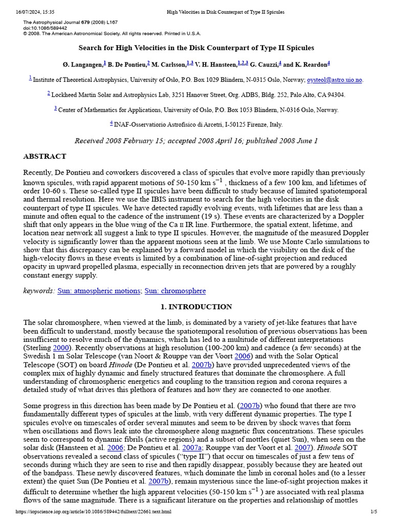 High Velocities in Disk Counterpart of Type II Spicules | PDF | Sun | Physical Phenomena