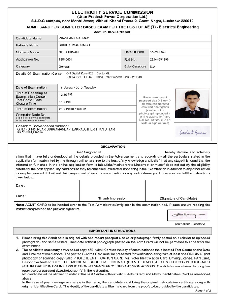 Candidate Hall Ticket | PDF