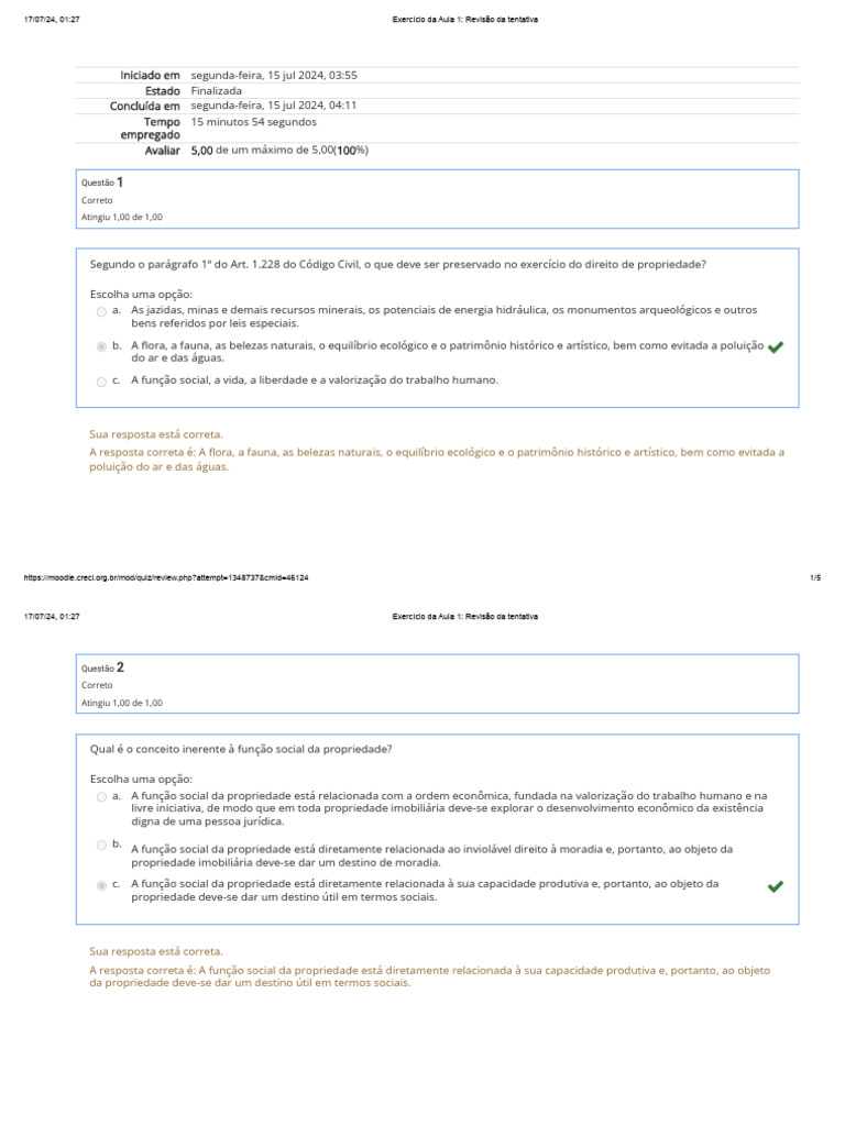 Document Imob Exercício Da Aula 1 - Revisão Da Tentativa | PDF | Propriedade privada | Propriedade