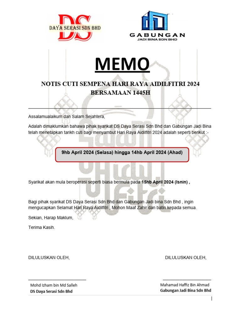 MEMO Cuti Raya 2024 | PDF
