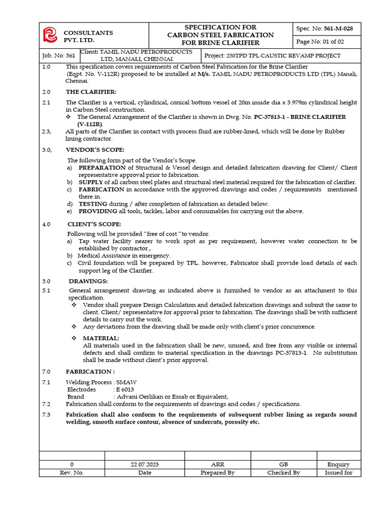 Carbon Steel Fabrication for Brine Clarifier | PDF | Welding | Construction