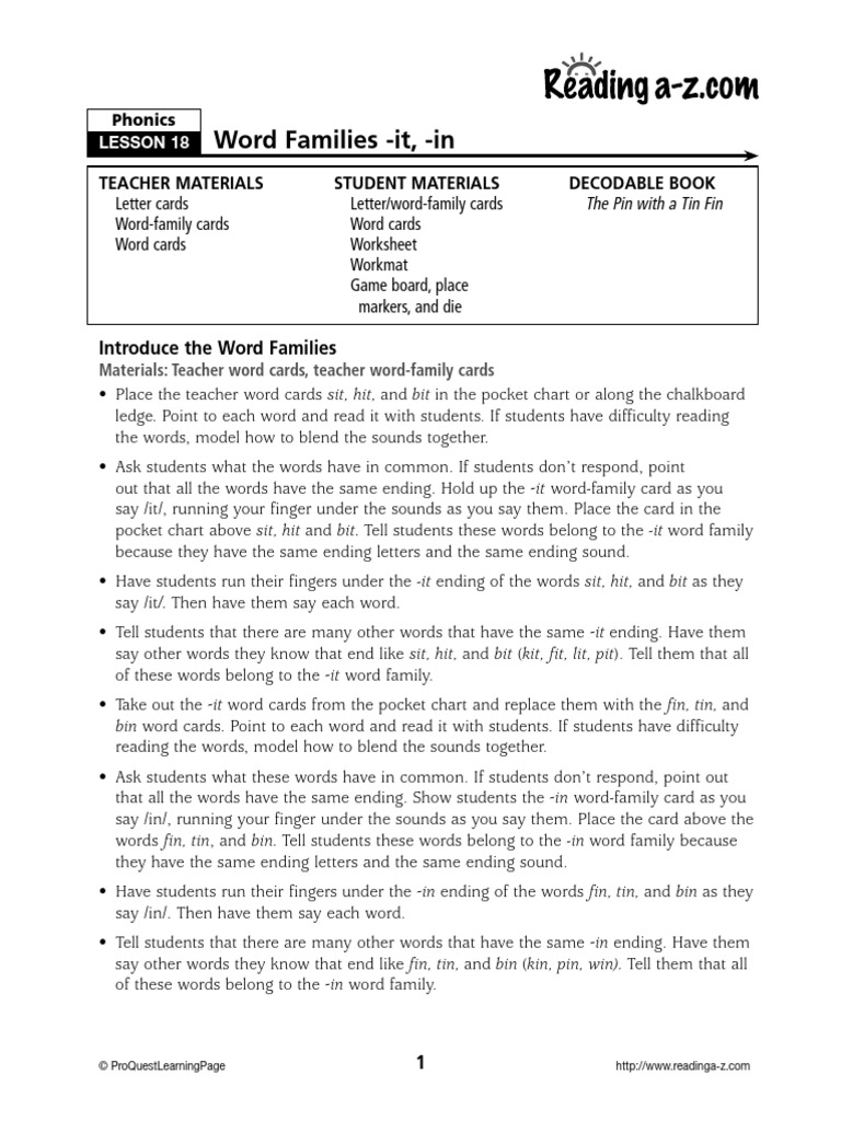 Phonics Lesson: Word Families -it, -in | PDF | Phonics | Learning