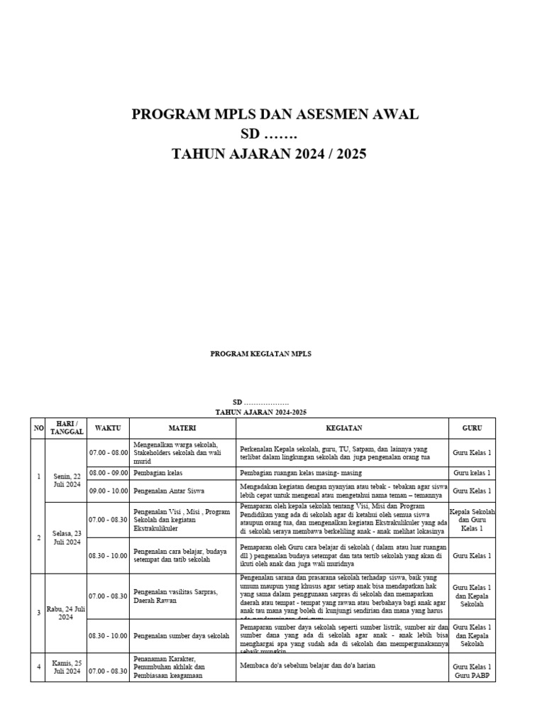 Contoh Jadwal Program Mpls Dan Asesmen Awal | PDF