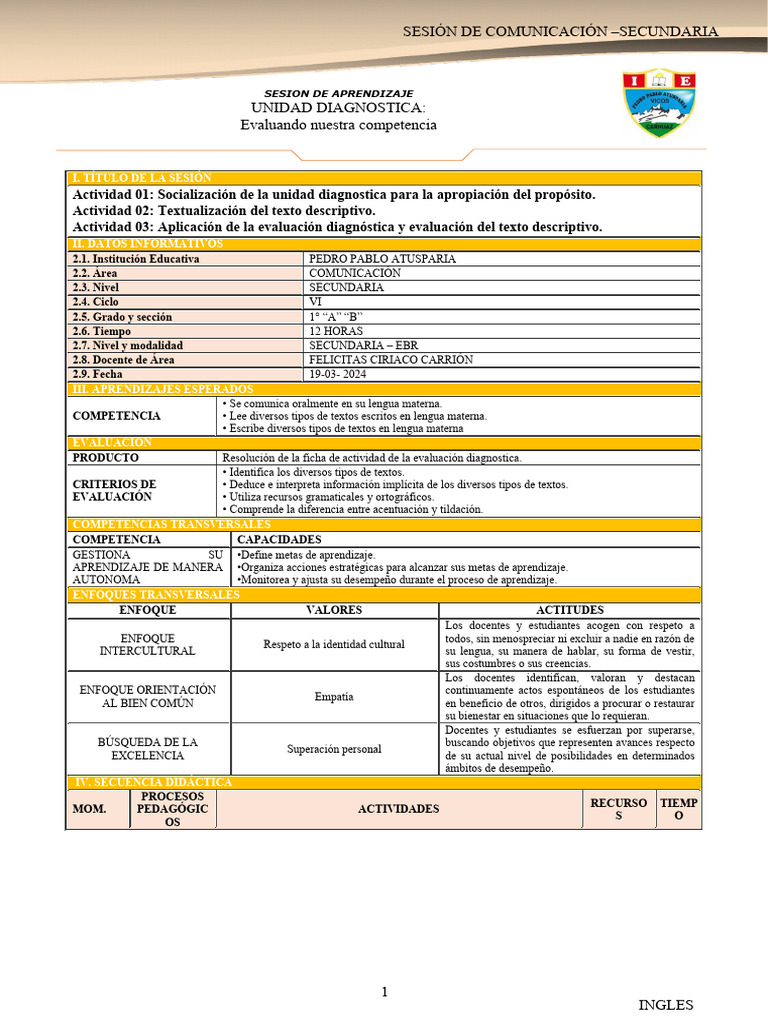 1° Sesion Actv o - Comunicación 2024 | PDF | Evaluación | Aprendizaje