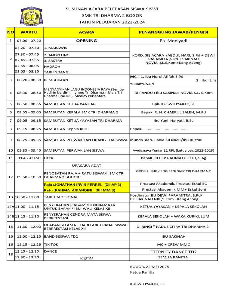 SUSUNAN ACARA PERPISAHAN TD2 TH 2023-2024 - Jadi | PDF