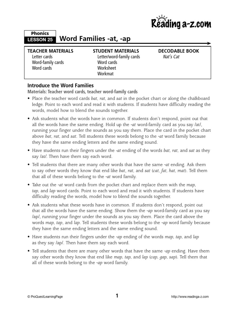 Lesson 25 Word Families - At, - Ap | PDF | Phonics | Books
