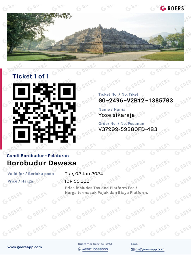 (Venue Ticket) Borobudur Dewasa - Candi Borobudur - Pelataran - V37999-59380FD-483 | PDF