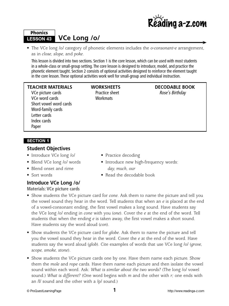Lesson 43 VCe Long o | PDF | Syllable | Phonics