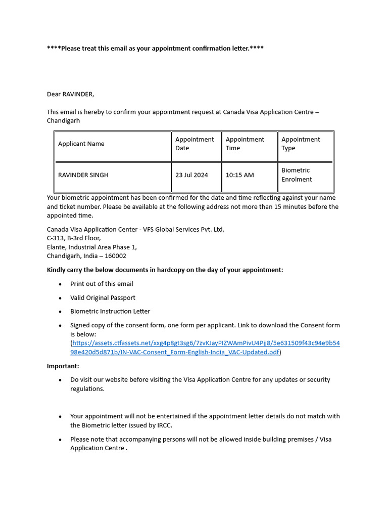 Canada Visa Biometric Appointment Confirmation | PDF | Travel Visa ...