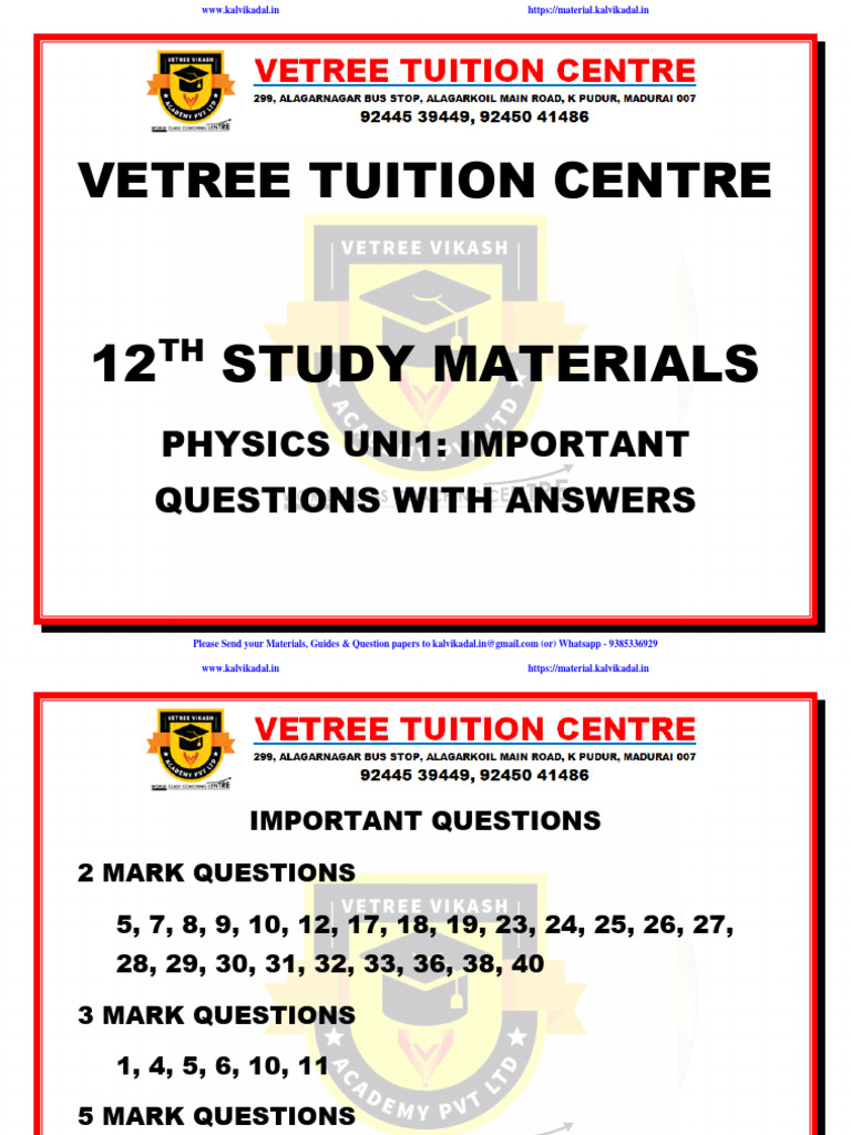 12th Physics Unit 1 - Important Questions & Solutions | PDF | Electric ... 12th Physics Unit 1 - Important Questions & Solutions | PDF | Electric ...